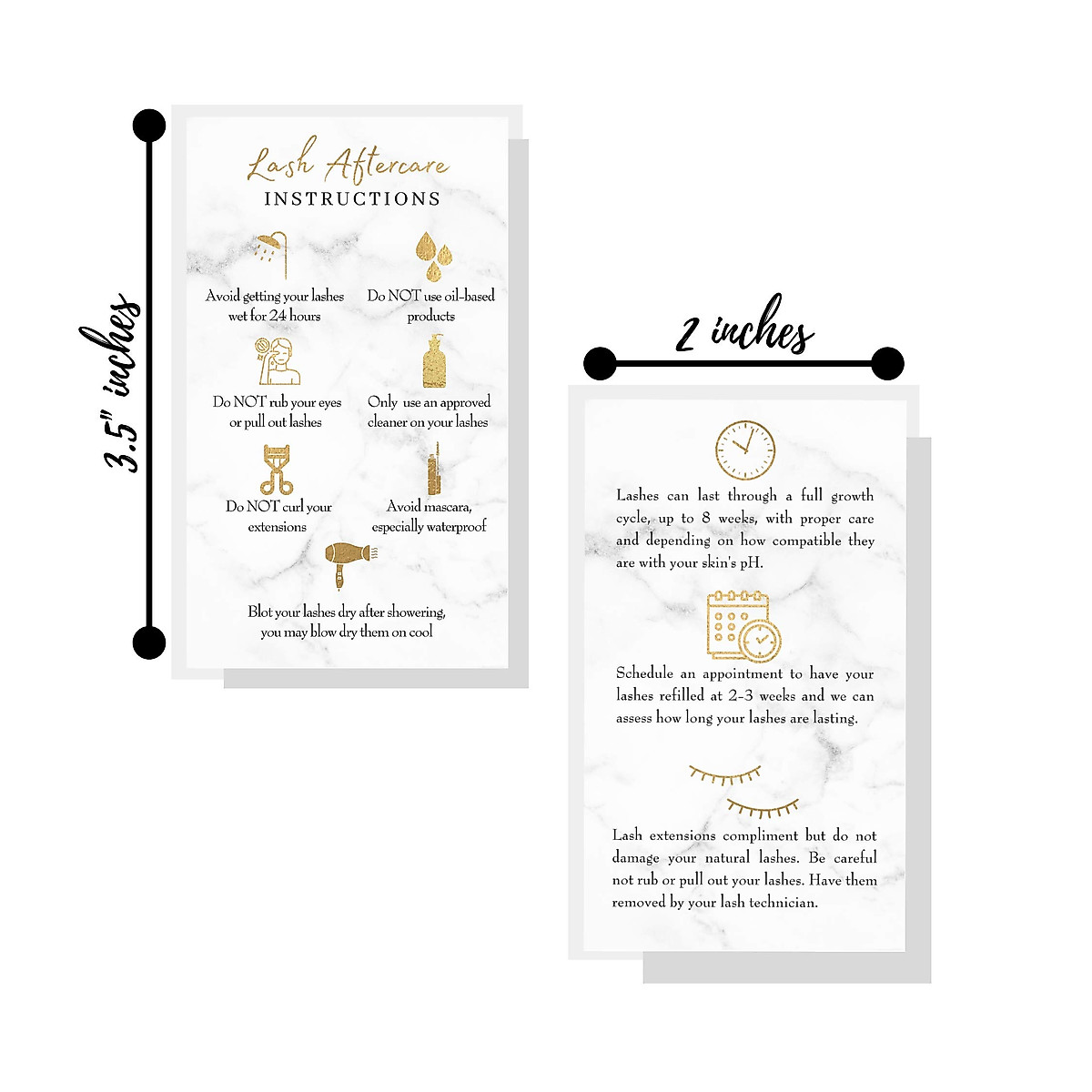 Lash Extension Aftercare Instructions Cards | 50 Pack | Double Sided Size 3.5 x 2" inches After Care (2-3 Week Fillers) | Marble Look with Gold Icons Design