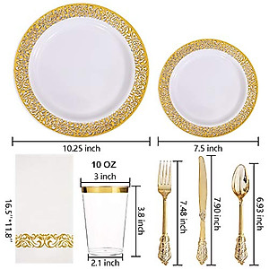 bUCLA 350PCS Gold Plastic Plates with Disposable Plastic Silverware&Hand Napkins, Gold Plastic Dinnerware Lace Design include 100 Plates,50 Forks, 50 Knives, 50 Spoons,50 Cups,50 Disposable Napkins
