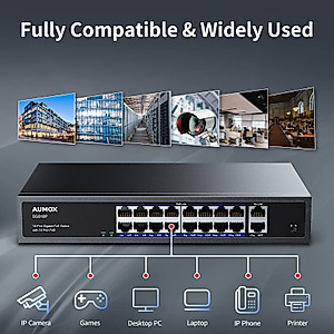 Aumox 18-Port Ethernet Gigabit PoE Switch, 16-Port PoE with 2 Uplink Gigabit Ports, 250W Built-in Power, Metal Casing and 19-inch Rackmount, Traffic Optimization, Plug and Play, Unmanaged(SG518P)