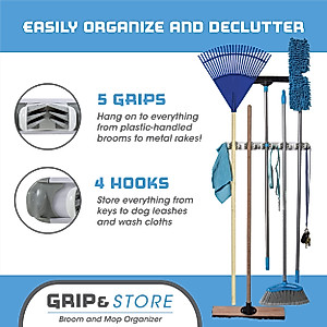 Grip & Store Broom Holder 5 Position, Easy Way to Organize, Organized Laundry Room, Easily Store Tools and More, Strong Grip Technology, Gray