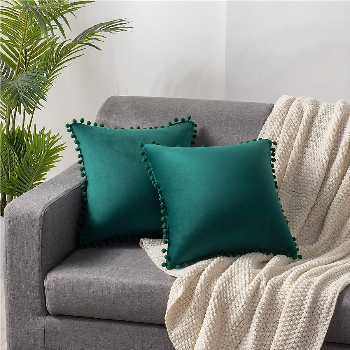 DEZENE Decorative Pillow Covers 18x18 Green: 2 Pack Cozy Soft Pom-poms Velvet Square Throw Pillow Cases for Farmhouse Home Decor