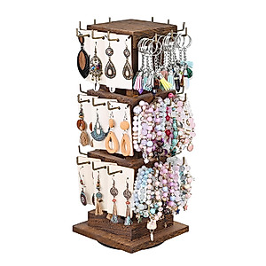 Ikee Design Elegant Wooden Rotating Jewelry Tower, 36 Hooks for Earrings, Bracelets, and Keychains, Versatile Countertop Rack for Store, Tradeshow, and Home, Brown Color