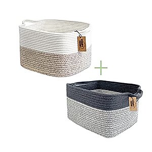 COMFY-HOMI 13.5"x11"x 9.5" Square Cotton Rope Woven Basket with Handle Laundry Storage Bin (Set of 2) Brown and Light Grey