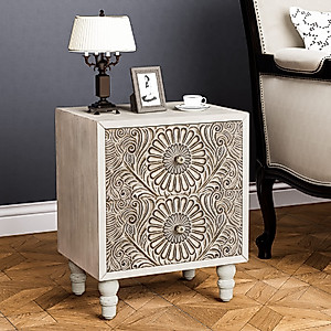 HOMPUS Nightstand, Rustic End Table with 2 Pattern Carved Drawers, Vintage Night Stand with 4 Wood Legs, Small Dresser for Bedroom, Living Room, Light Grey Grain