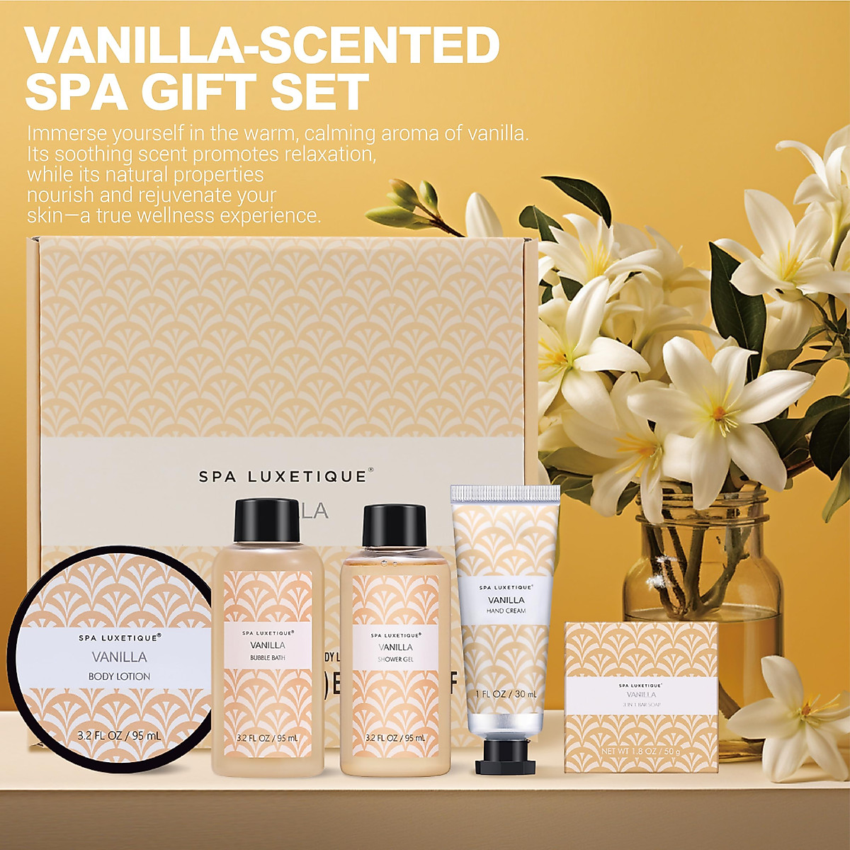 Spa Luxetique Spa Gifts for Women 6pc Vanilla Bath Sets Women Gift With Body Lotion, Shower Gel, Bubble Bath, Hand Cream, Bath and Body Gifts Set, Valentines Day Gifts for Her, Bath Gifts for Women