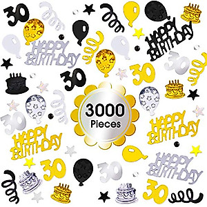 3000 Pieces 30th Happy Birthday Confetti Number 30 Birthday Cake Confetti Metallic Foil Balloon Confetti Table Scatters Decorations for Birthday Party Anniversary Wedding (Gold, Silver and Black)