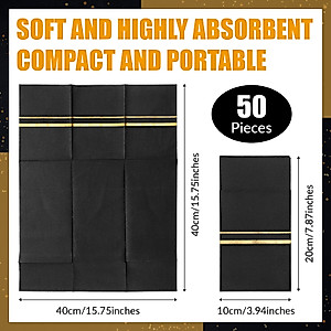 Roshtia 50 Pack Dinner Napkins Disposable Linen Feel Dinner Napkins with Built-in Flatware Pocket Gold Trim Lined Pre Folded Paper for Wedding Party (Black,Gold)