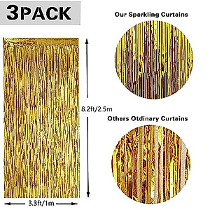 3 Pack Gold Foil Fringe Backdrop Curtains，3.3 ft x 8.2 ft Gold Door Streamers ，Gold foil Fringe Curtain Backdrop,for Photo Background Party Decorations, Graduation Decorations