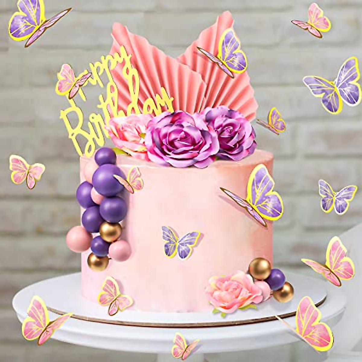 99 Pcs Purple Pink Cake Decorations Ball Butterfly Palm Leaves Flowers Happy Birthday Cake Topper Boho Cake Decorations Purple Pink Party Supplies for Wedding Baby Shower Birthday