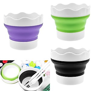 Aswewamt 3 Pcs Collapsible Paint Brush Washer Silicone Portable Painting Water Cup Mini Foldable Washing Bucket Brush Holder Organizer Cleaner for Watercolor Oil Painting (Black+Purple+Green)