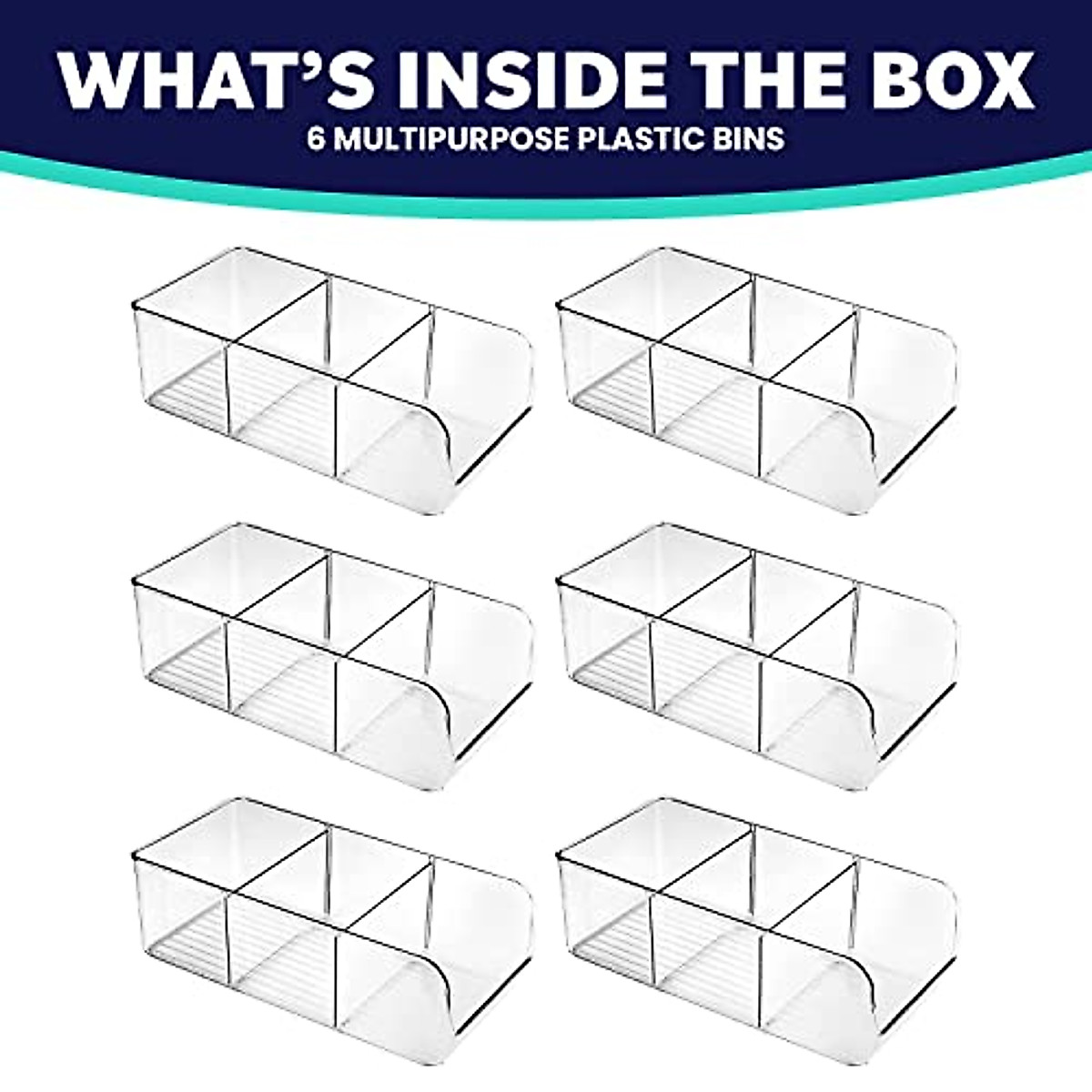 ELTOW 6 Pack Snack Organizer for Pantry, 3 Compartment Plastic Pantry Organizer Bins with Removable Dividers, Chip Organizer for Pantry, Food Packets, Spices, Condiments, Fridge, Cabinet, Kitchen