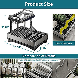 Stainless Steel Dish Drying Rack 2 Tier, Large Dish Racks for Kitchen Counter,Dish Drainer and Dish Rack with Drain of Rotatable Spout，Collapsible Dish Drying Rack for Kitchen Counter of family,Black