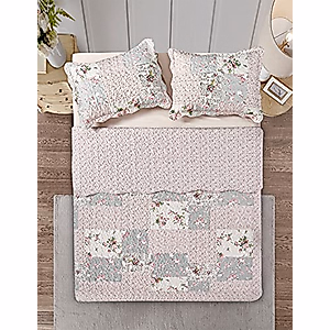 Brilliant Sunshine Traditional Rose and Sage Patchwork, with Rose Bud Patch Frames, 3-Piece Quilt Set with 2 Shams, Reversible Bedspread, Lightweight Coverlet, All-Season, Full/Queen, Light Rose Sage