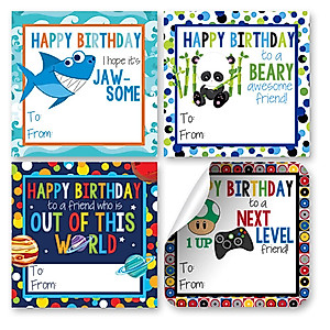 Happy Birthday Gift Tag Stickers for Boys, Set of 24 2.5 X 2.5 Mixed Square Birthday Gift Labels by Amanda Creation