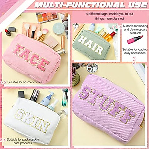 4 Pcs Makeup Bags Chenille Letter Patch Cosmetic Bag Portable Travel Zipper Pouch Small Organizer Makeup Bag Set for Women (Purple, Pink, White, Green, Fresh)