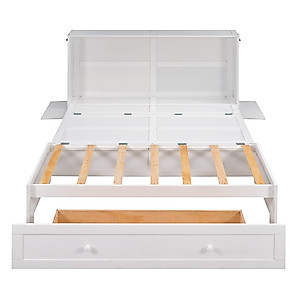 JIVOIT Queen Size Mobile Murphy Bed, Modern Style Platform Bed with Drawer and Little Shelves on Each Side, Solid Wood Foldable Platform Bed for Guest Rooms