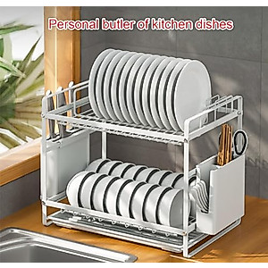 VIDECOR Dish Drainer Rack, Expandable Dish Drying Rack with Utensil Holder Cup Holder, Stainless Steel Dish Drying Rack and Drainboard Set for Kitchen Counter,A