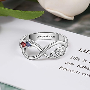 Molywoo Personalized Infinity Symbol Rings Double Hearts Best Friend Promise Rings with 2 Round Shape Simulated Birthstones Engraved Name Rings for Women Love Forever (6)