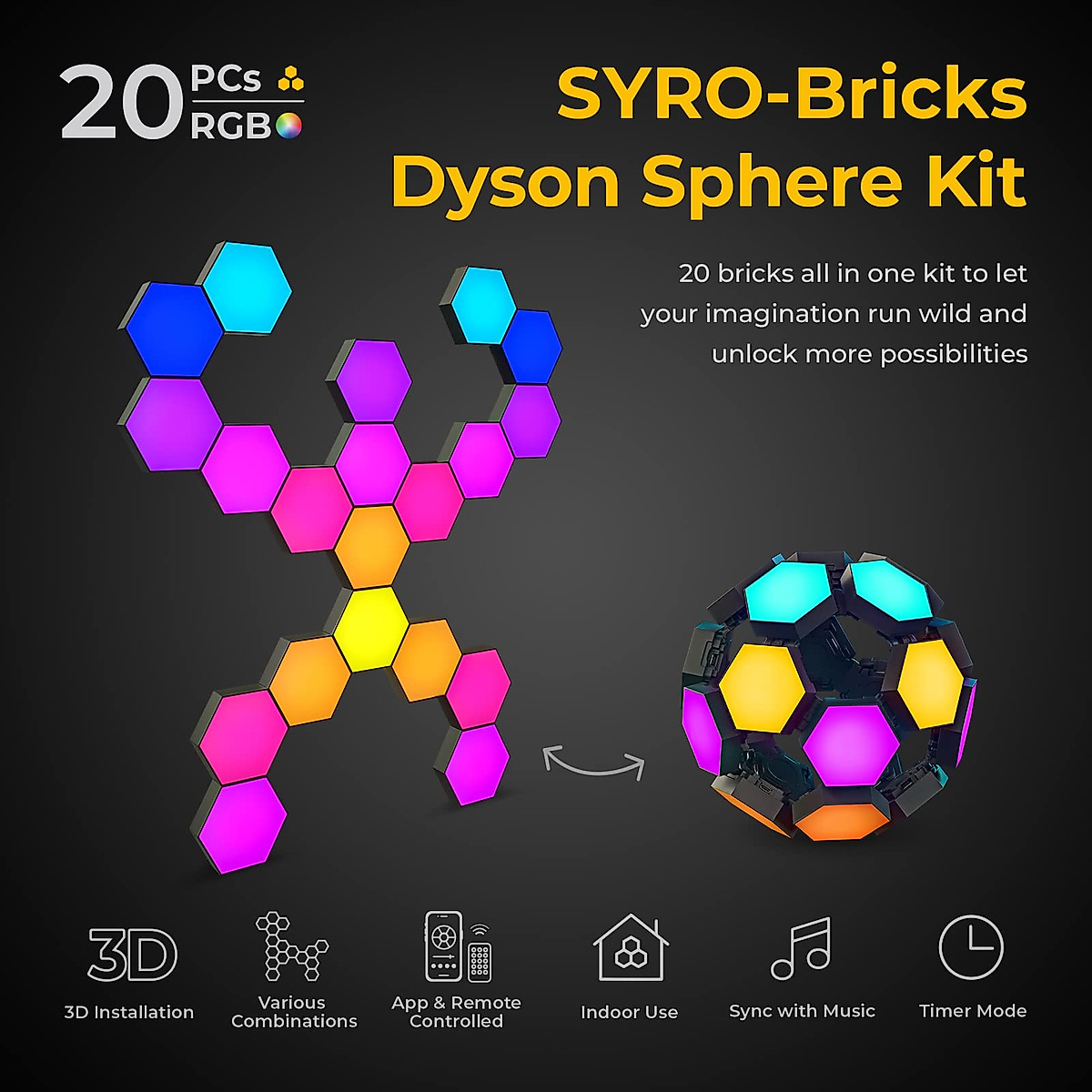 LinkedSparx Syro-Bricks 3D Hexagon Lights, Smart App Control RGB Hexagon LED Lights for Wall or Desktop with Music Sync for Gaming Room Streaming Decor (20Pack)