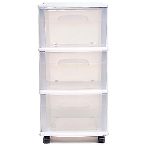 Homz Clear Plastic 3 Drawer Medium Home Organization Storage Container Tower with 3 Large Drawers and Removeable Caster Wheels, White Frame