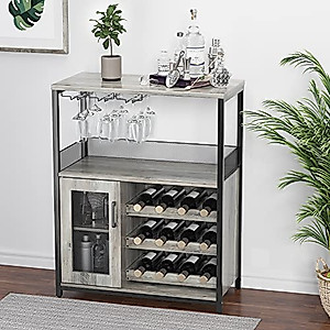 Amyove Wine Bar Cabinet with Detachable Rack, Glass Holder, Small Sideboard and Buffet Mesh Door, Grey