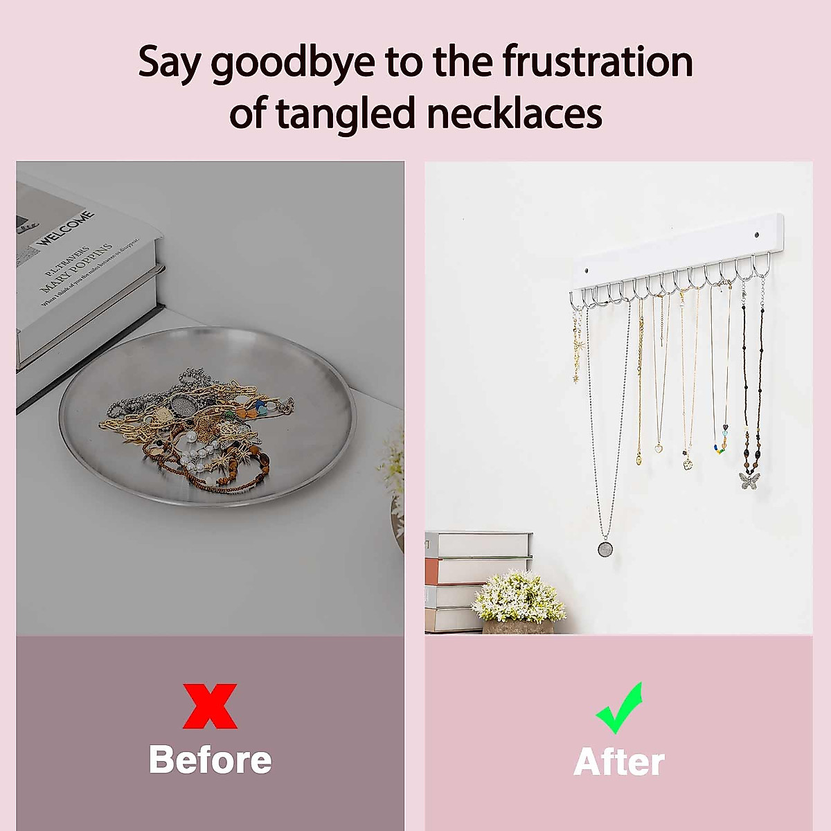 SCUNDA Hanging Jewelry Organizer Wall Mounted, Modern Wall Jewelry Display with 28 Hooks, Decorative Necklace Holder for Wall, Space-Saving Necklace Hooks, (2-Pack, White)