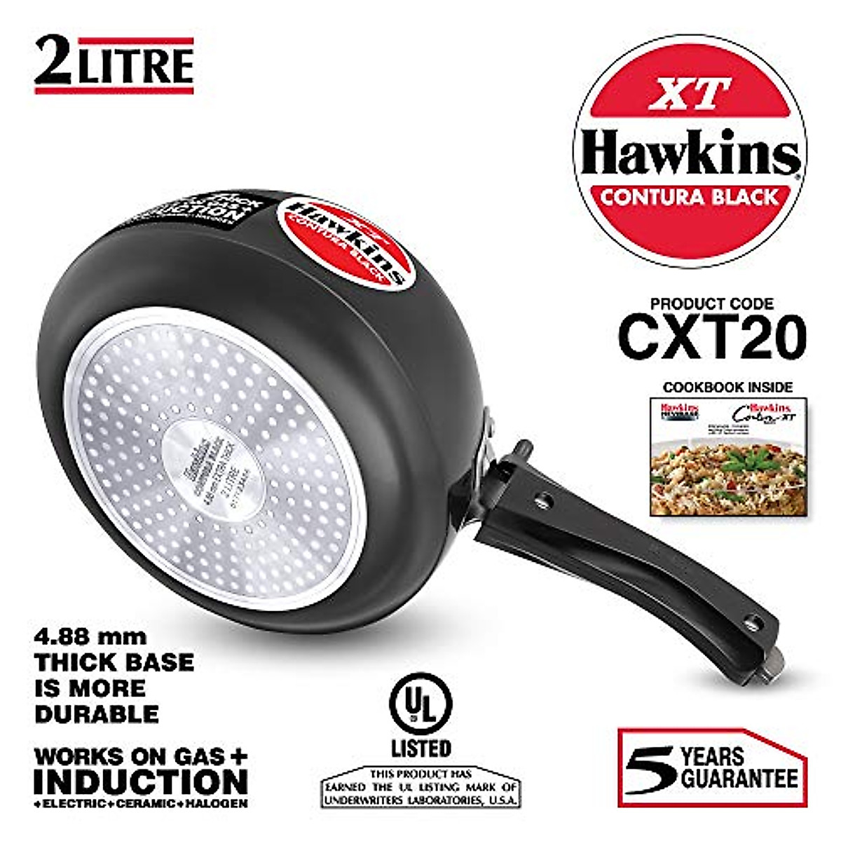 Hawkins Contura CXT20 Extra Thick Hard Anodised Pressure Cooker for Gas,Induction and Electric Stoves, 2 litres, Black