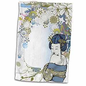 3D Rose Modern Vector Art Muted Blues and Tans Flowers Asian Floral and Geisha Girl Woman Hand/Sports Towel, 15 x 22