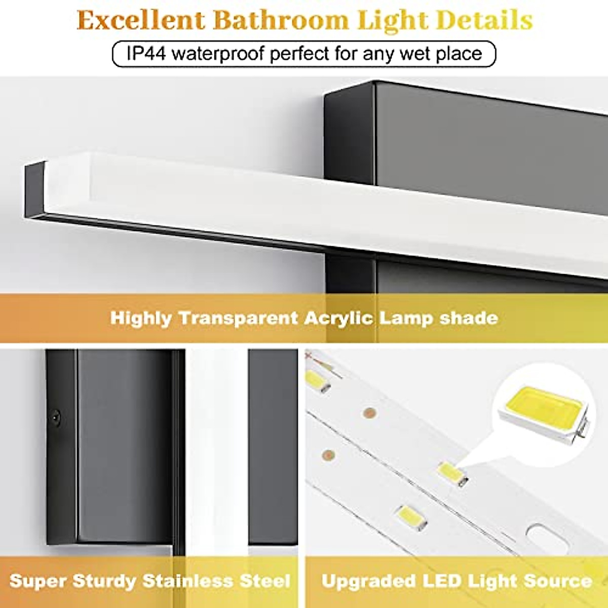 Combuh LED Bathroom Vanity Light Bar 16 Inch 9W Black IP44 Over Mirror Lighting Fixture Wall Sconce Indoor Modern Cool White 6000K