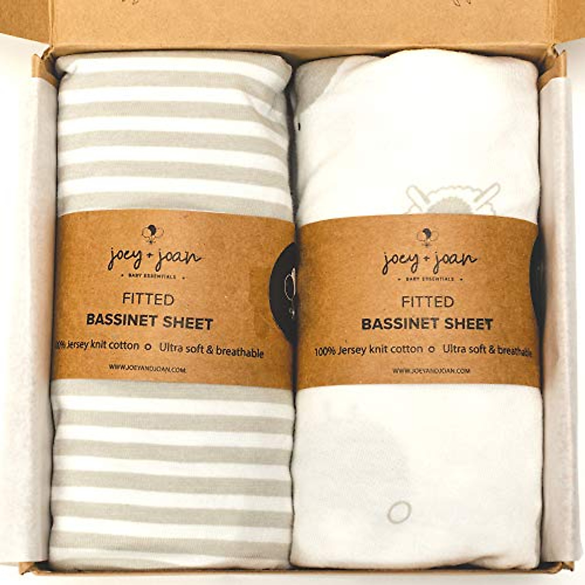 Bassinet Fitted Sheets Compatible with Halo, Fisher Price, Delta, Graco – Fits Perfectly on 15 x 33 Inch Oval, Rectangular Mattress Pad – Snuggly Soft Jersey Cotton – Grey Stripes, Lamb – 2 Pack