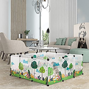 PUPTECK Pet Playpen for Puppies/Rabbits/Kittens/Guinea Pigs/Small Animals, Plastic Indoor Yard Fence, Printed Cage with Bottom, Easy Assembled and Escape Proof