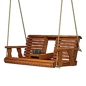 Porchgate Amish Heavy Duty 800 Lb Rollback Console Treated Porch Swing with Hanging Ropes (Cedar Stain)