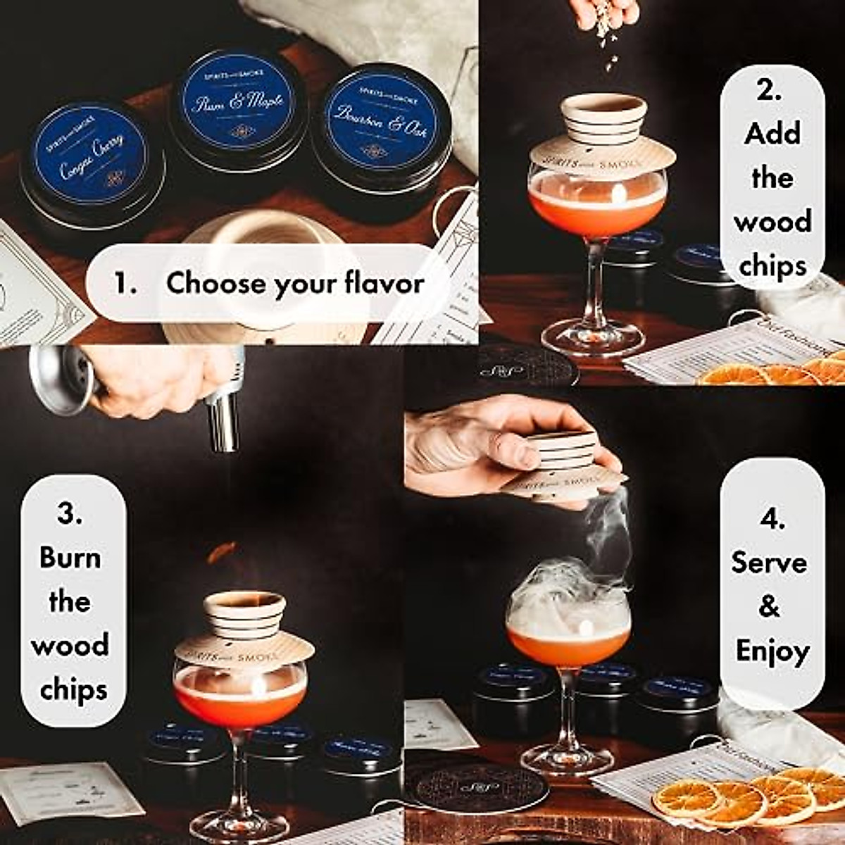 Spirits with Smoke Smoking Saucer Set - 1 Maple Wood Saucer, 3 Wood Chips for Cocktail Smoker & 4 Coasters, Premium Cocktail Accessories, Gifts for Husband