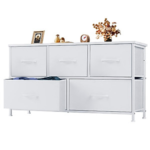 Sweetcrispy Dresser for Bedroom, Drawer Dresser Organizer Storage with 5 Drawers Short Dresser, Chest of Drawers with Fabric Bin, Steel Frame, Wood Top for Bedroom, Entryway