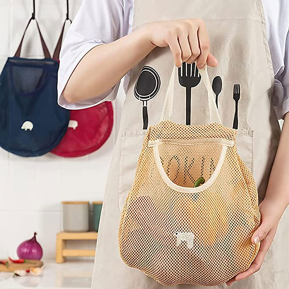 Mcles 3 Pack Portable Reusable Grocery Bags, Fruit Vegetable Bag, Washable Cotton Mesh String Organic Organizer Shopping Handbag, Long Handle Net Tote, Grocery Breathable Bag for Home Kitchen