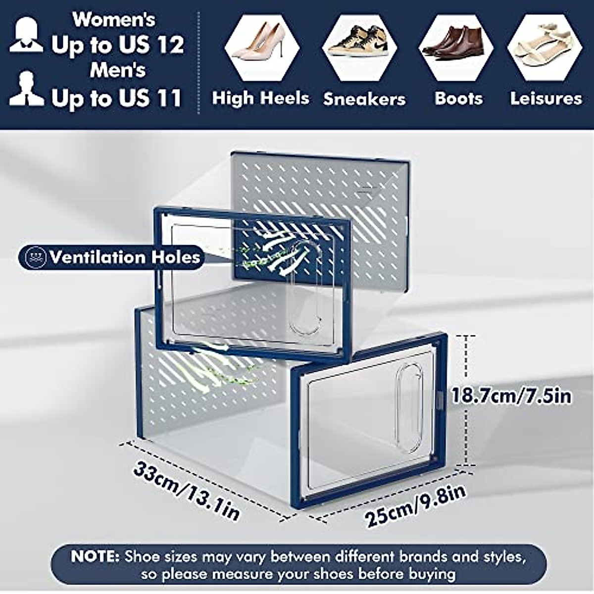 GONAT Large Shoe Organizers, Clear Shoe Boxes Stackable, Good Replacement For Shoe Rack, Under Bed, Blue.