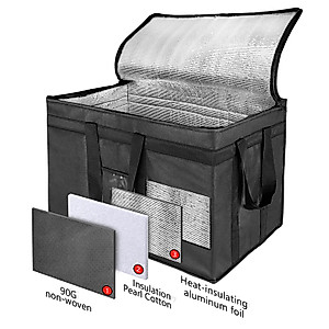 Oseeny 3XL Insulated Food Transport Bag - Reusable Cooler Bag for Cold and Hot Food Delivery with Lid and Double Zipper (Black, 3XL)