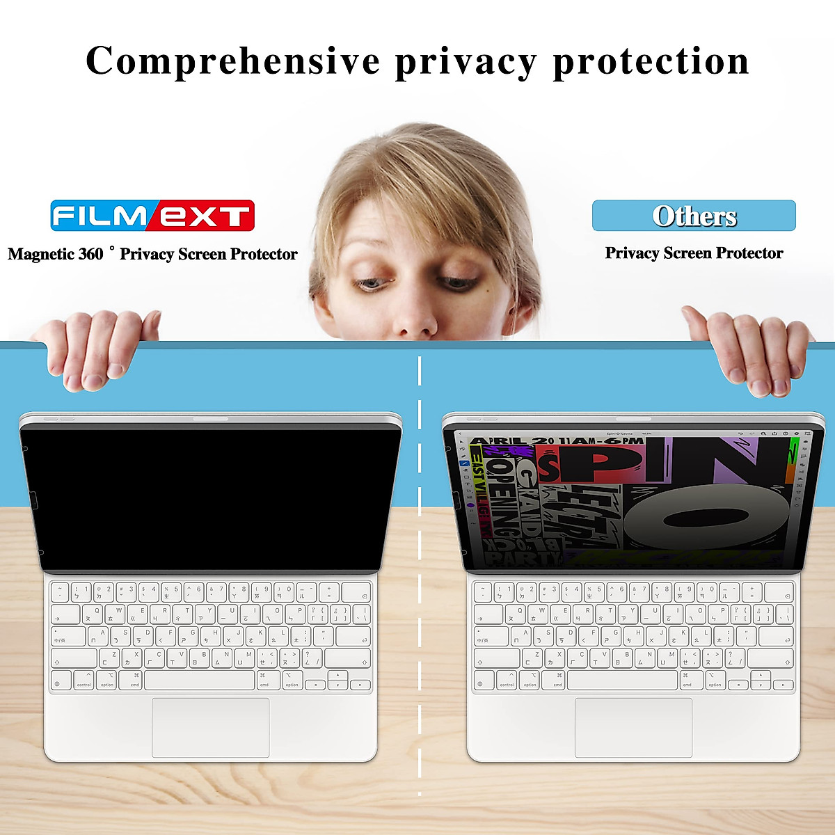 FILMEXT Magnetic 360° Privacy Screen Protector for iPad Pro 12.9 M2 M1 2021/2020/2018 (iPad Pro 12.9 6th/5th/4th/3rd Gen),Removable iPad Pro Anti Glare Anti-Spy Screen Filter[4 Way Privacy Filter]