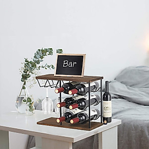 MOOACE Wine Glass Rack Free Standing Floor, Metal & Wood Countertop Wine Holder, 6 Bottles and 4 Glasses Stand