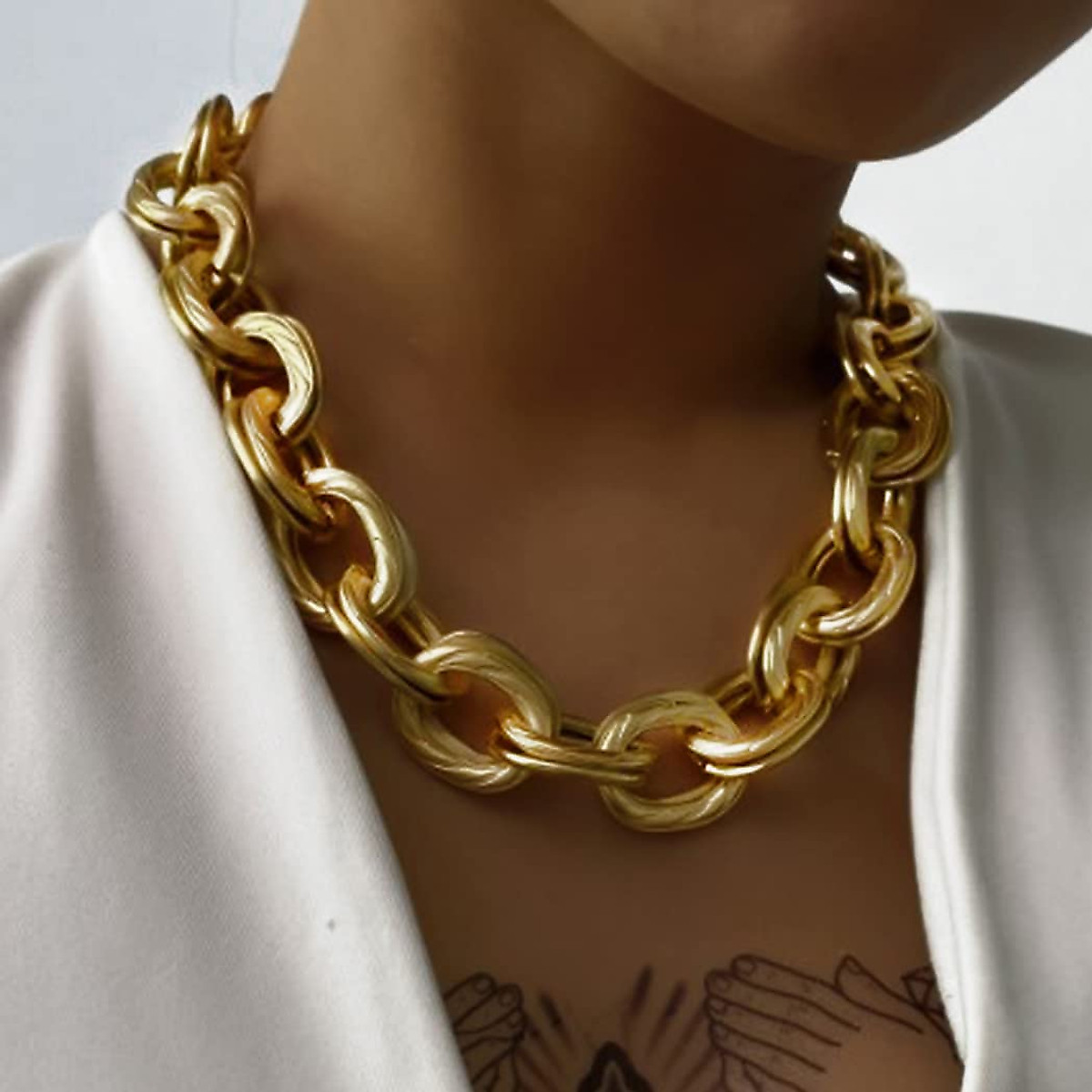 ACEDRE Chunky Choker Necklace Gold Cuban Link Chain Double O Link Necklaces Punk Hip-hop Jewelry for Women (1-Gold)