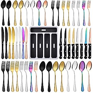 DSNN 48 Pieces Iridescent Flatware Set with Silverware Organizer, Nice Design Cutlery Service for 8, Stainless Steel Kitchen Utensil