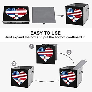 Dominican Republic and Aerican Flag Heart Foldable Storage Bins Printd Fabric Cube Baskets Boxes with Handles for Clothes Toys, 11x11x11