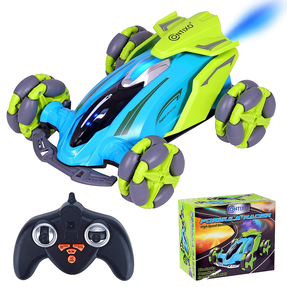 Contixo 2.4GHz Remote Control Car with 360° Rotating, Blue Smoke, One-Key Demonstration, One-Key Programming, Realistic Sounds & Lights, High Performance RC Car for Boys and Girls (SC4)