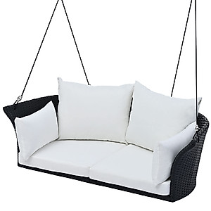 P PURLOVE 2-Seater Wicker Hanging Seat,Porch Swing Bench with Hanging Ropes,Cushion, Pillow, Rattan Swing Bench for Garden, Backyard, Pond,Black Wicker and White Cushion