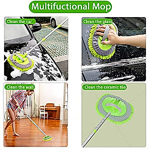 WillingHeart 63" Car Wash Mop Brush Tool Mitt with Long Handle Length More Suitable for Washing American Cars Truck, SUV, RV, Trailer, 2 in 1 Chenille Microfiber Duster Not Hurt Paint Scratch Free