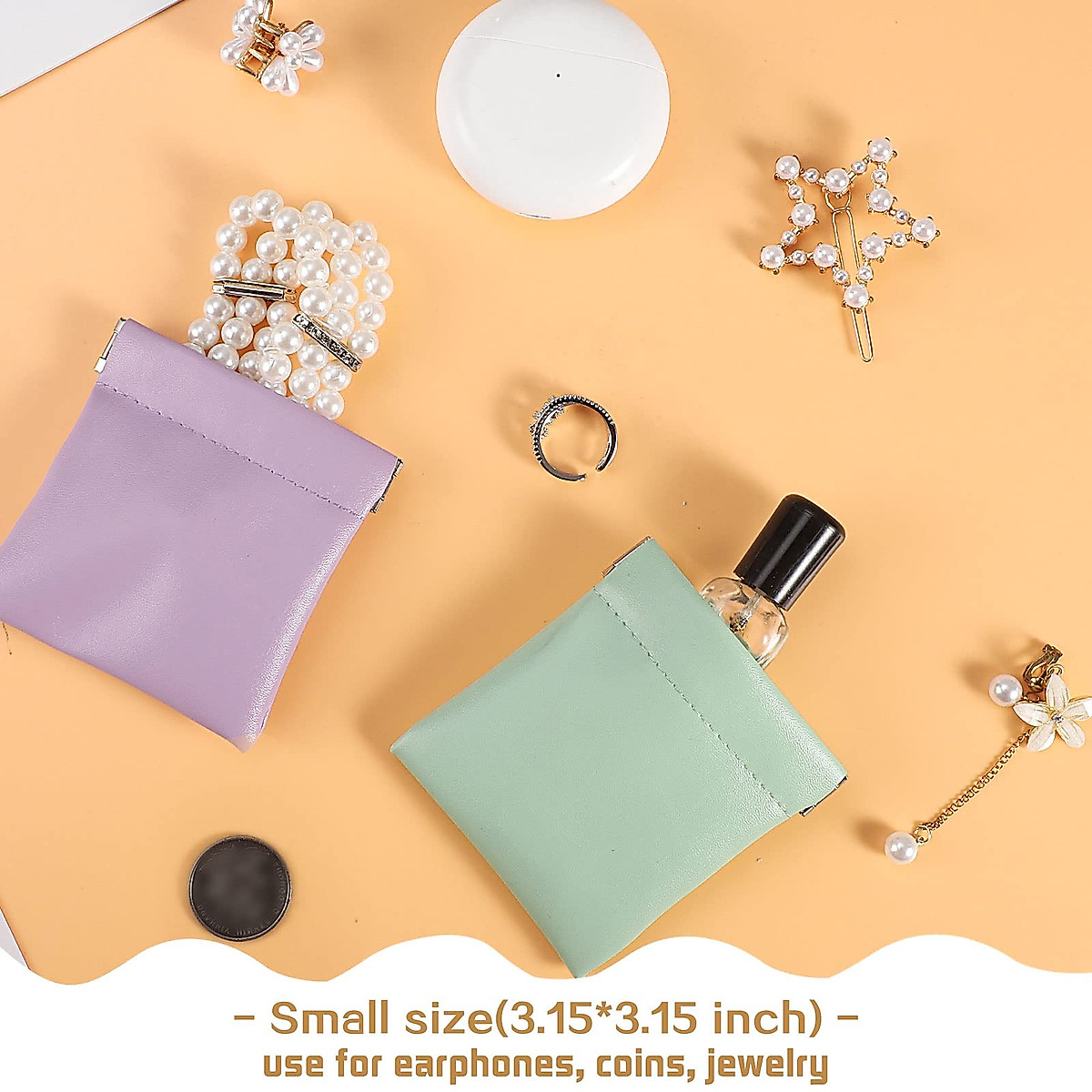 WSICSE 6 Pcs Lambskin Pocket Cosmetic Bag Squeeze Top, 3 Size Portable No Zipper Self-Closing Pouches for Purse Mini Bag Purse Small Makeup Pouch for Purse Cosmetics Headphones Jewelry