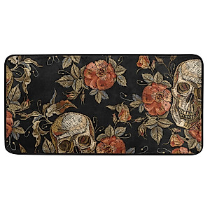 One Bear Skull Skeleton Flowers Kitchen Rugs Kitchen Mats Non Slip Washable Cushioned Mats Polyester AntiFatigue Comfort Floor Mat Doormat for Kitchen Washroom Bedroom 39 x 20 inch
