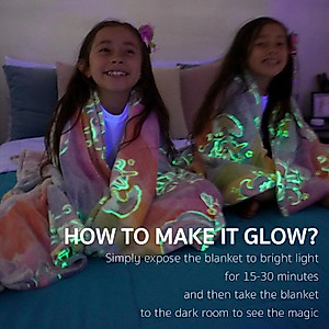 Glow in The Dark Rainbow Unicorn Flannel Throw Blanket – Soft and Cozy for Girls Ages 3 to 10, Suitable for Bedroom, Travel, Camping, Napping, Christmas and Birthday Gift for Girls, Size 50"x60"