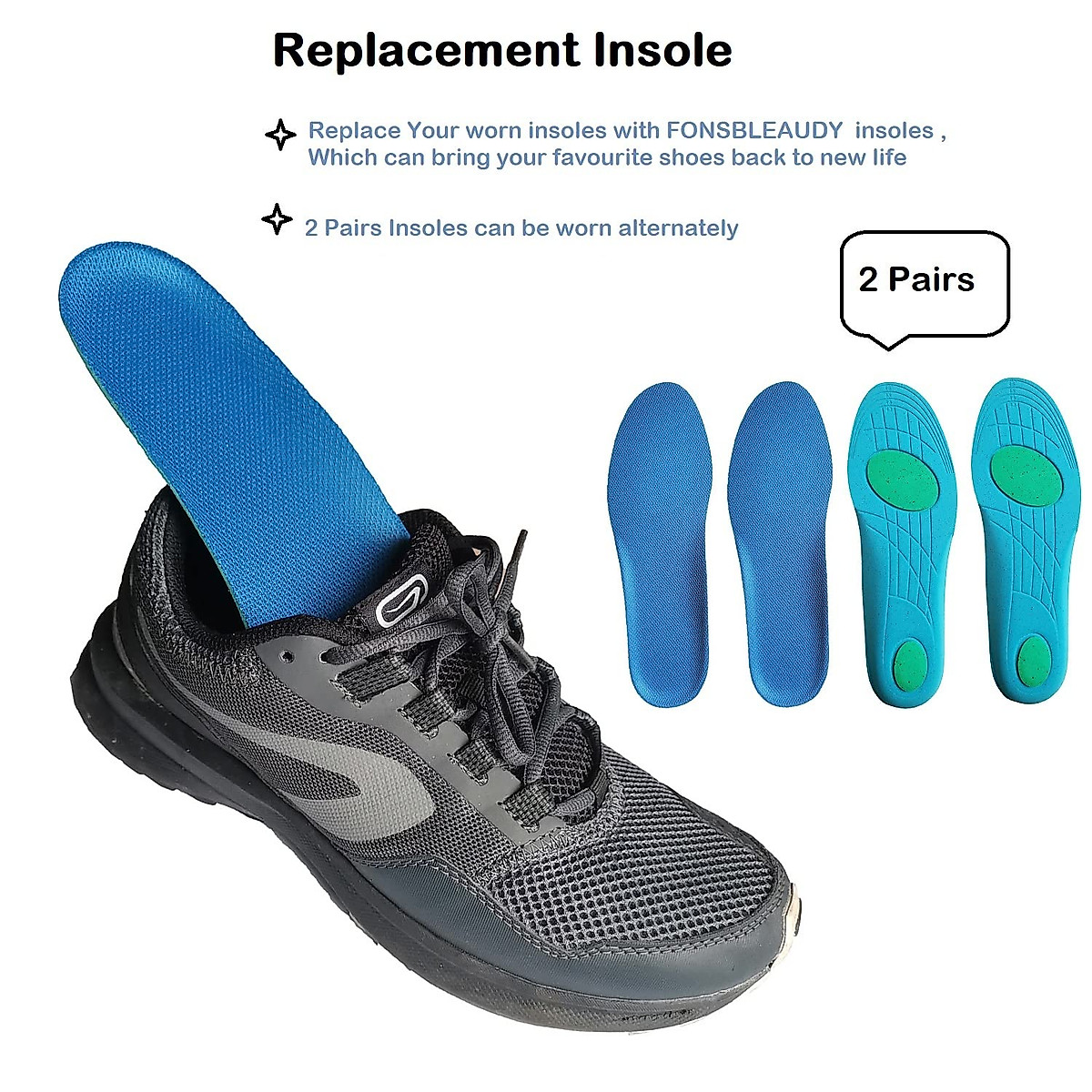 2 Pair -Shoe Inserts for Mens Womens Kids Replacement Insoles for Work Boots Sneaker, Cushion Shock Absorbing Comfort Breathable Inner Soles (Women 10-12 Men 9-11)