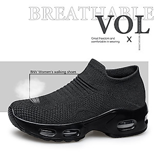Womens Walking Shoes Sock Casual Ladies Fashion Sneakers Slip On Air Cushion Platform Workout Zapatos para Mujer All Black 8.5